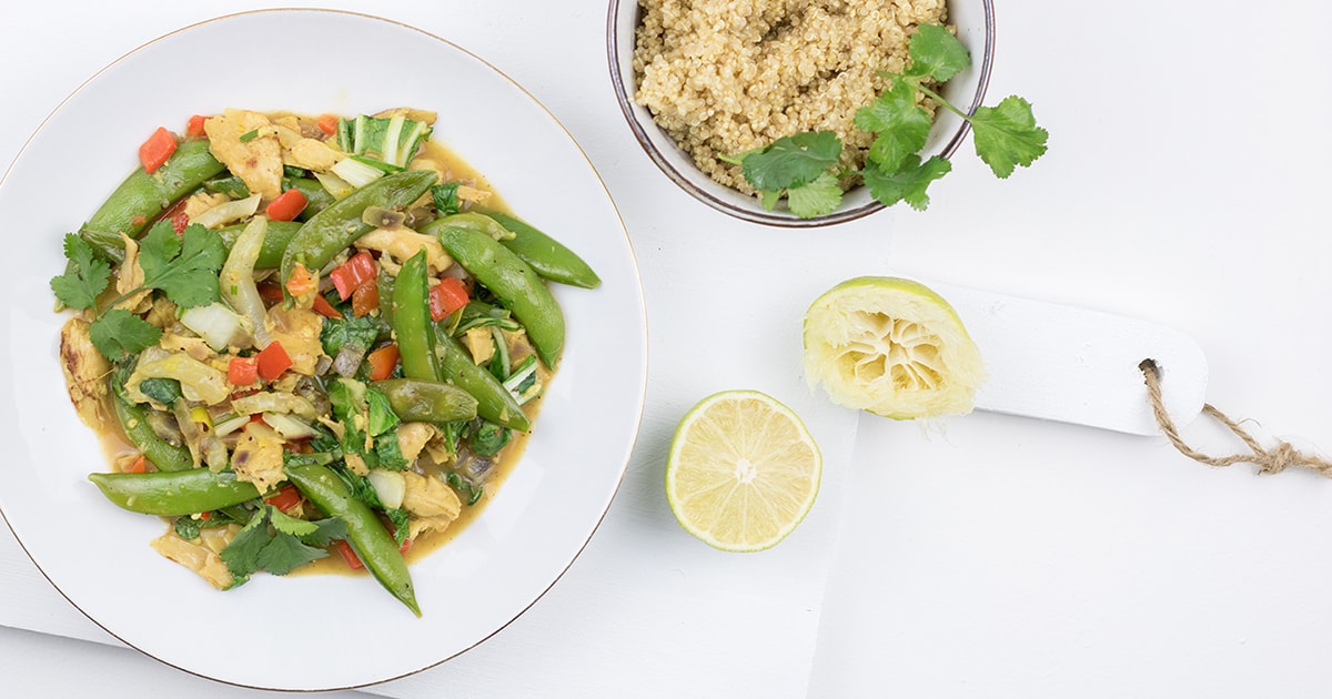 Asian wok recipe with quinoa, bok choy and sugar snap peas