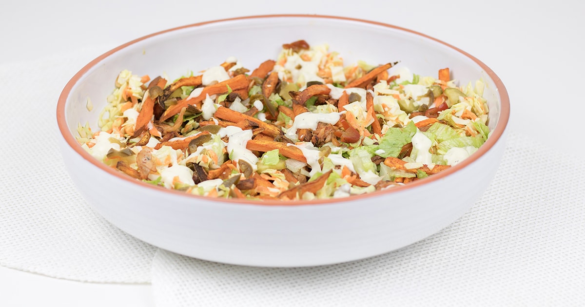 Jackfruit dish with sweet potato fries, coleslaw and garlic sauce