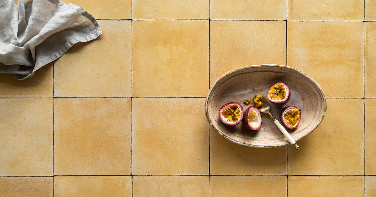 Yellow tiles backdrop with beautiful hues printed on vinyl